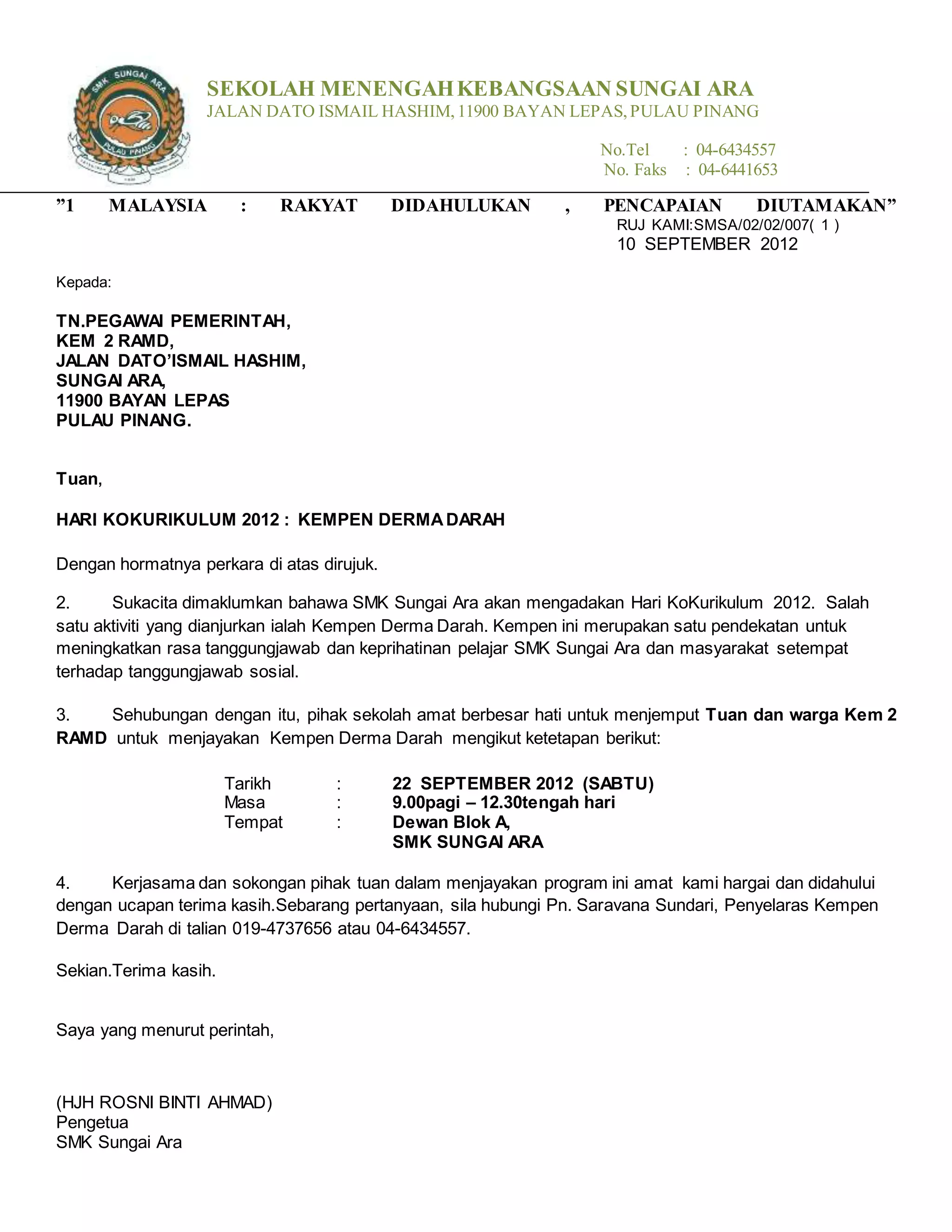 Surat jemputan tabung darah 2012 kem | PDF