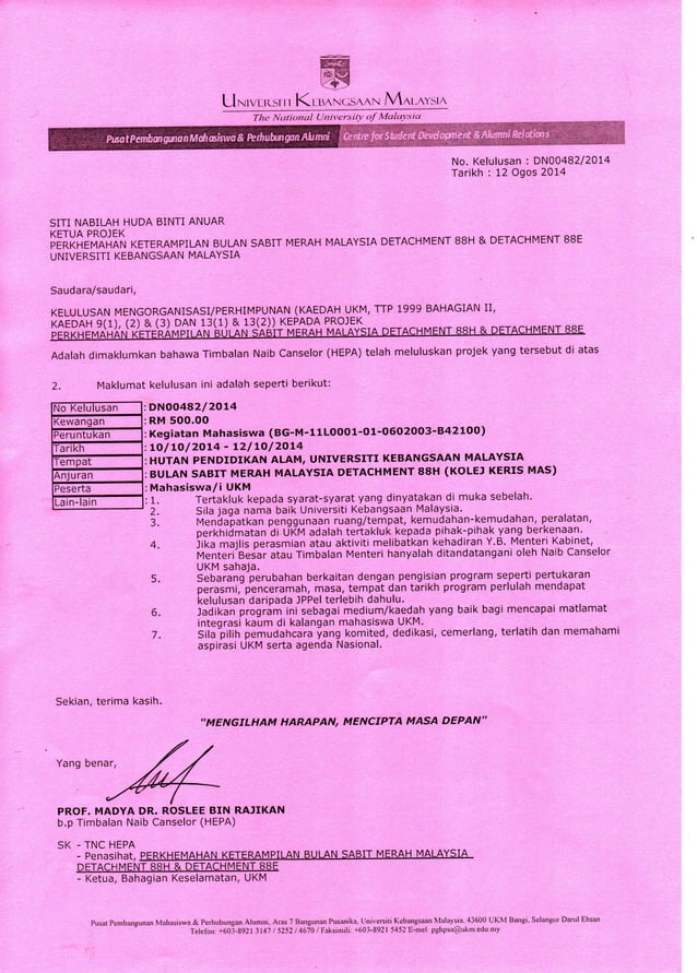 Surat kelulusan camping bsmm | PDF