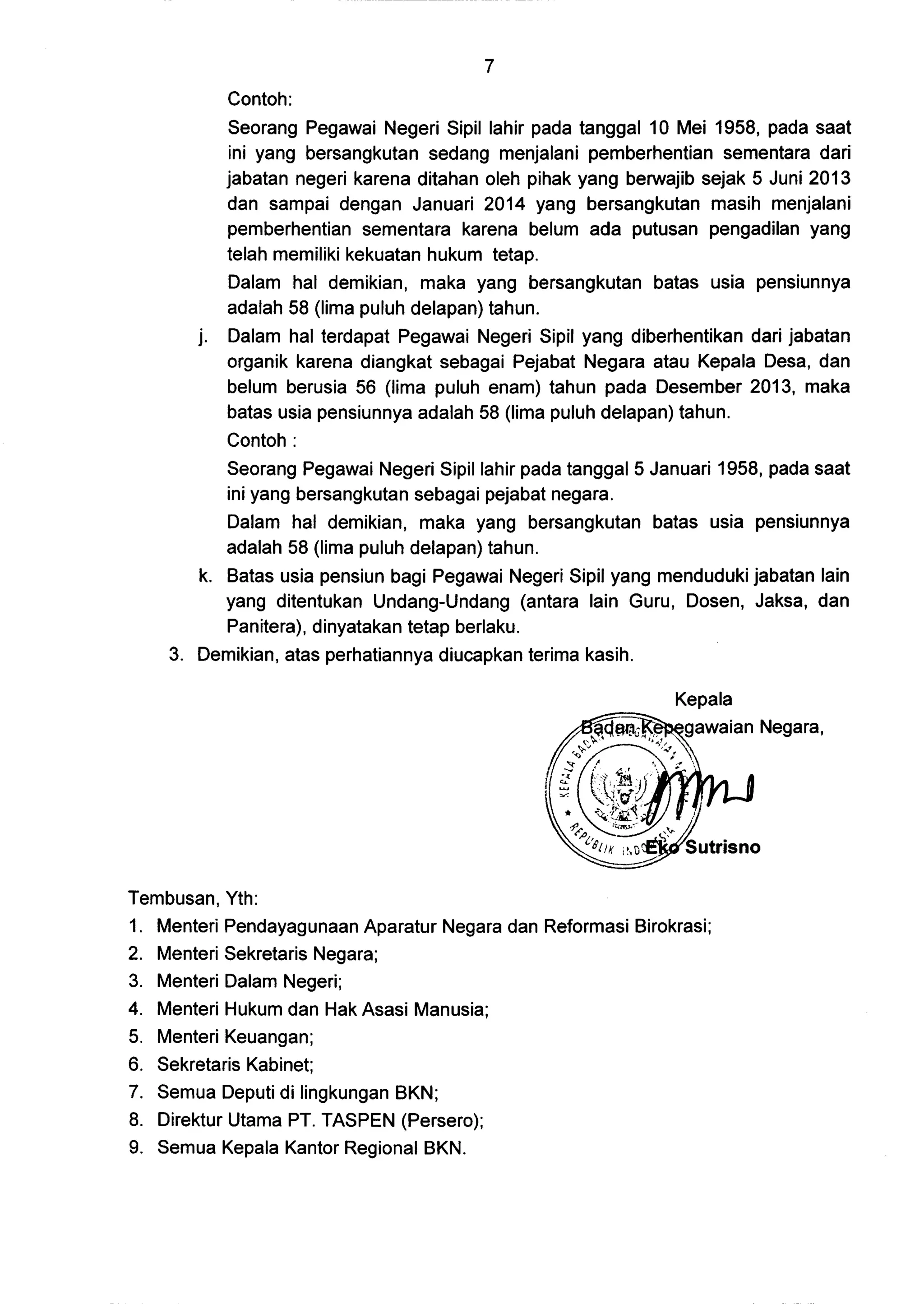 Surat kepala bkn nomor k.26 30 v.7-3 99 - batas usia pensiun pegawai negeri sipil | PDF
