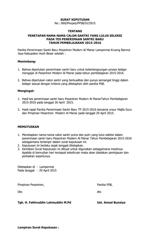 SURAT KEPUTUSAN PSB PESANTREN AL MANAR TENTANG PENETAPAN NAMA-NAMA ...