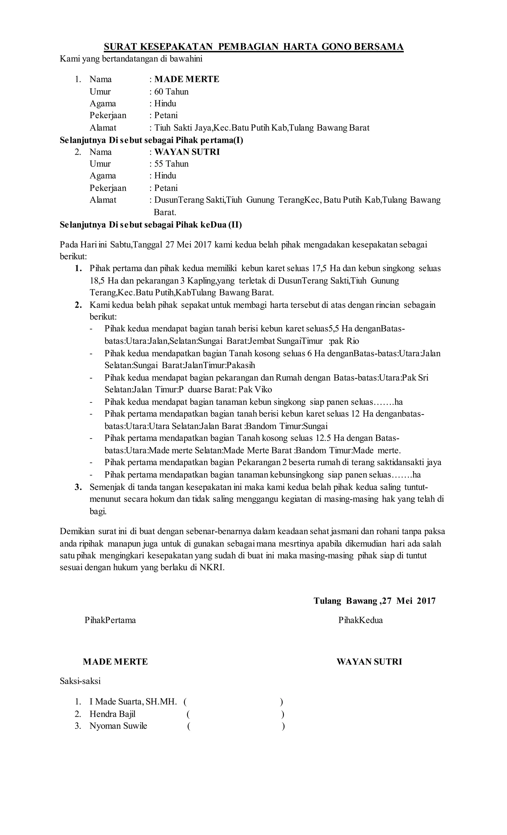 Surat kesepakatan pembagian | DOCX