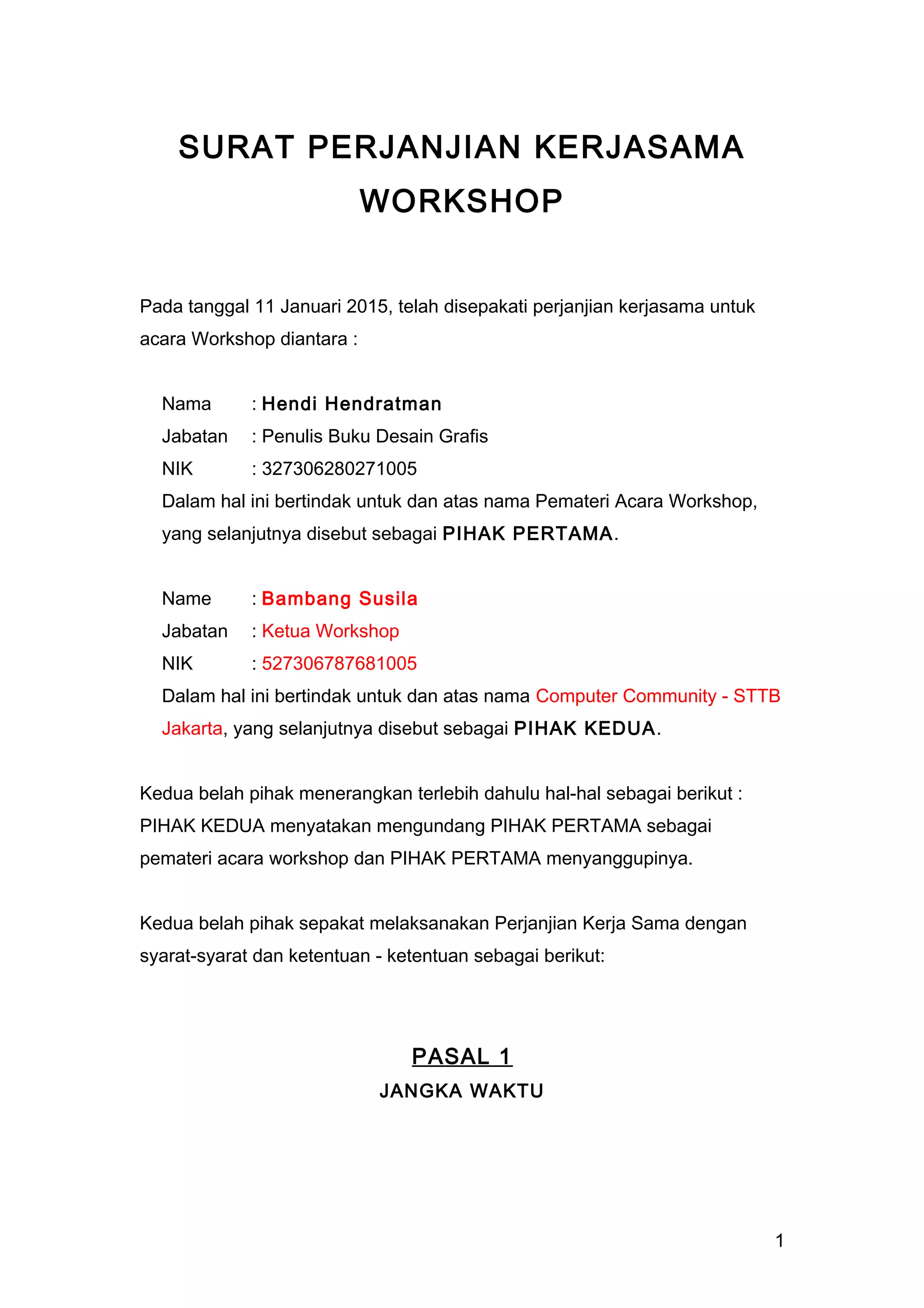 Surat perjanjian kerjasama kesepakatan workshop | DOC