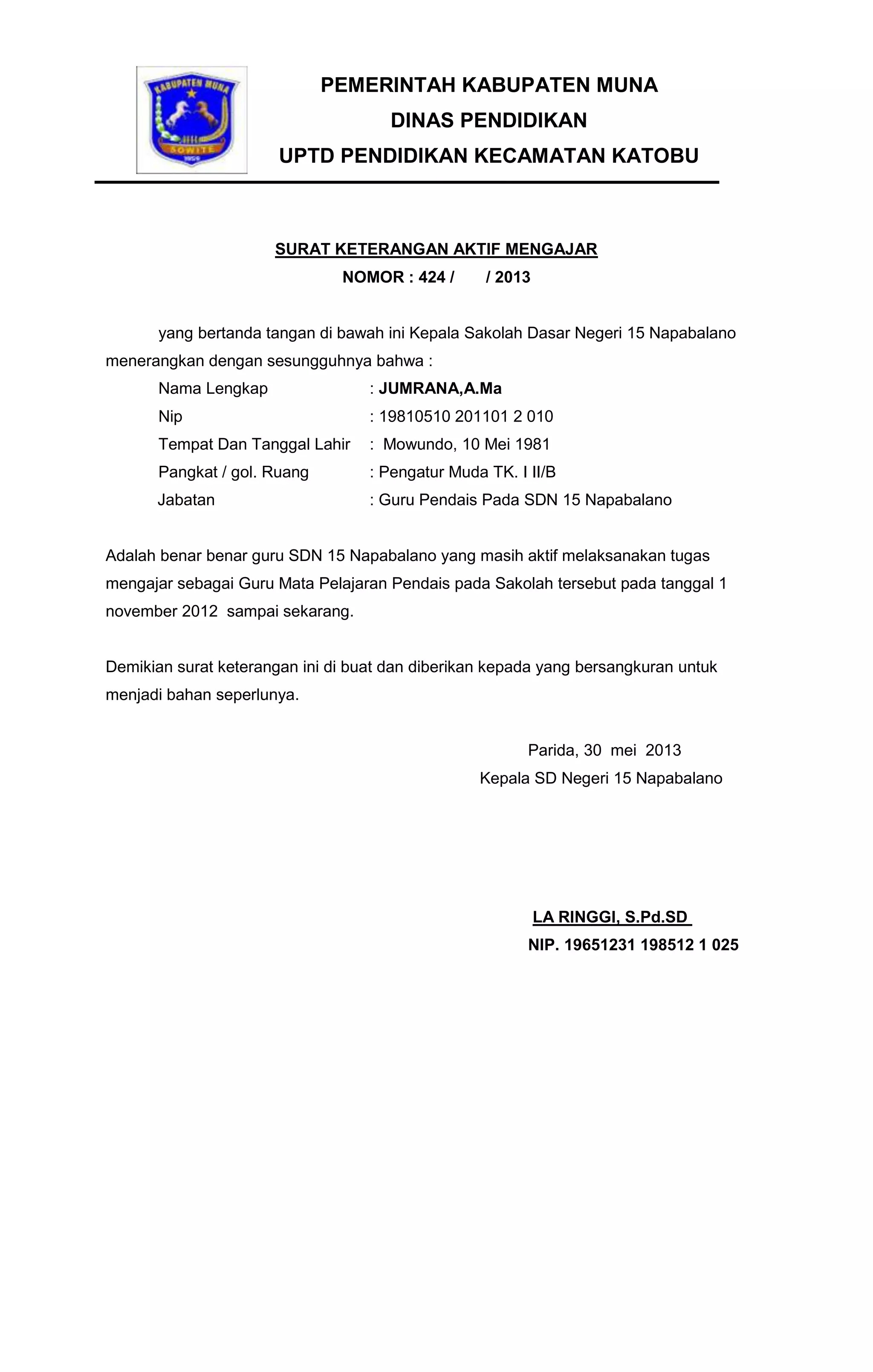 Surat keterangan aktif mengajar | DOCX