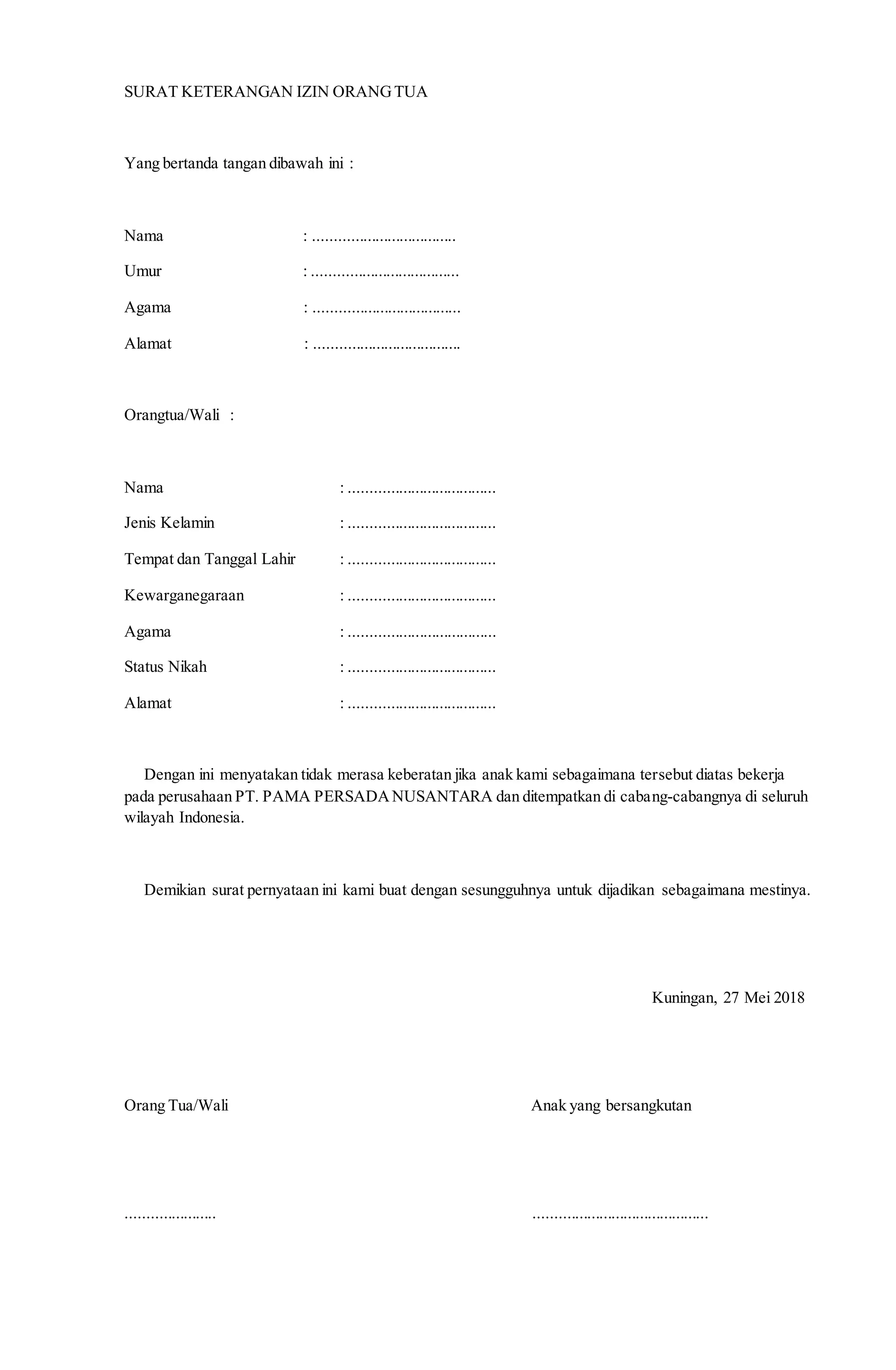 Surat keterangan izin orang tua | PDF | Free Download