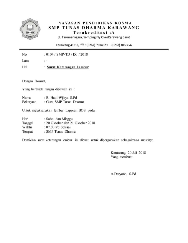 Surat keterangan lembur | DOCX