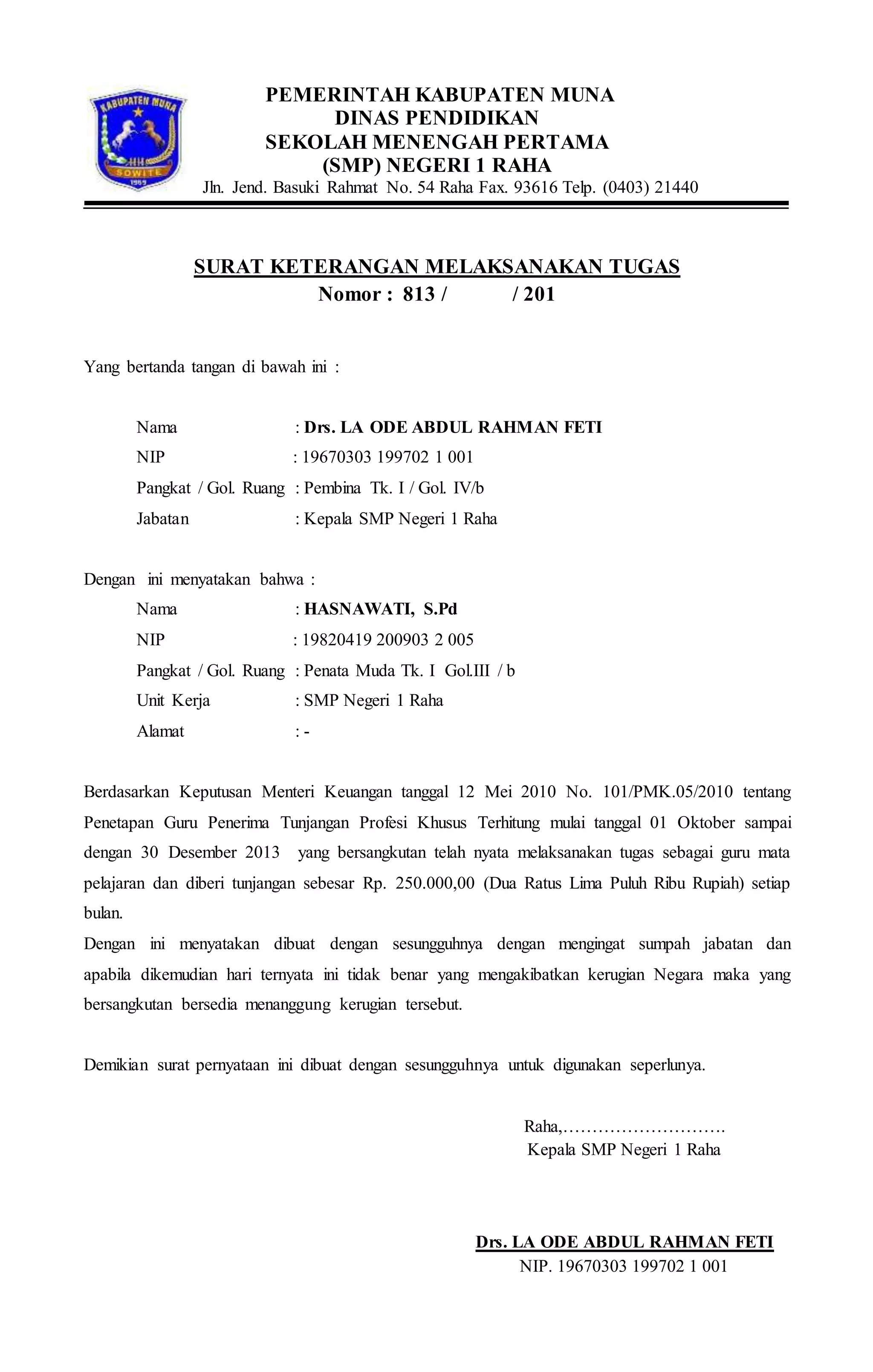 Surat keterangan melaksanakan tugas lia | DOCX