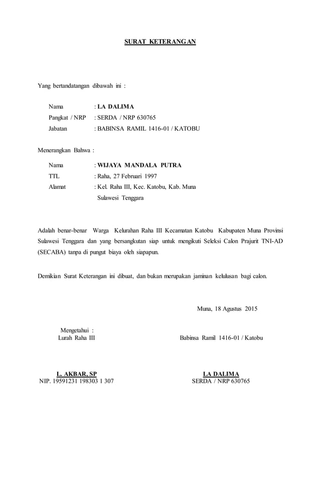 Surat keterangan mendaftar tni ad 2 | DOCX