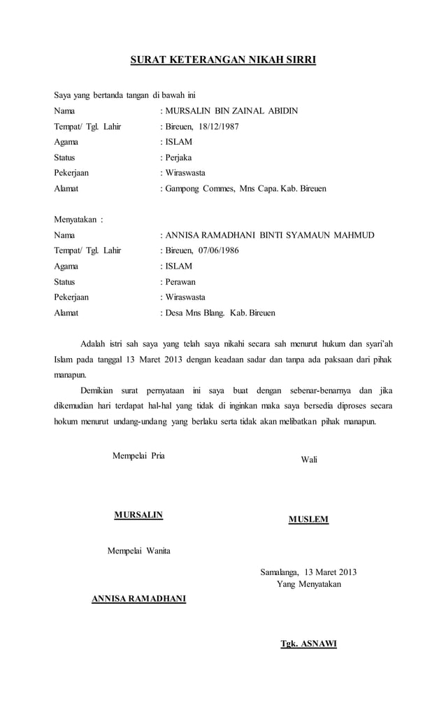 Surat keterangan nikah sirri | DOCX