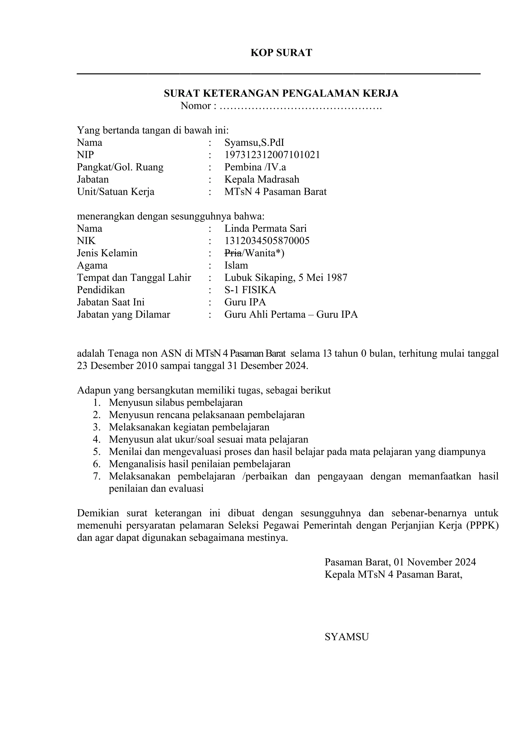 SURAT KETERANGAN PENGALAMAN KERJA LINDA PERMATA SARI ok.docx | Free Download