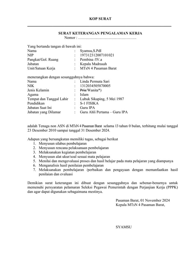 SURAT KETERANGAN PENGALAMAN KERJA LINDA PERMATA SARI ok.docx | Free Download