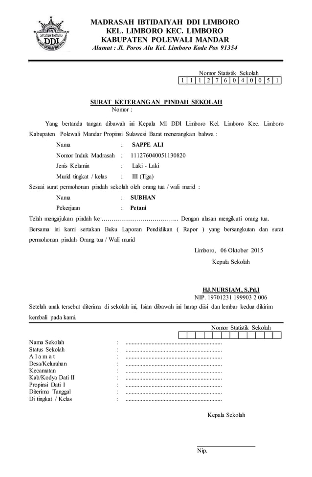 Surat keterangan pindah sekolah | DOCX