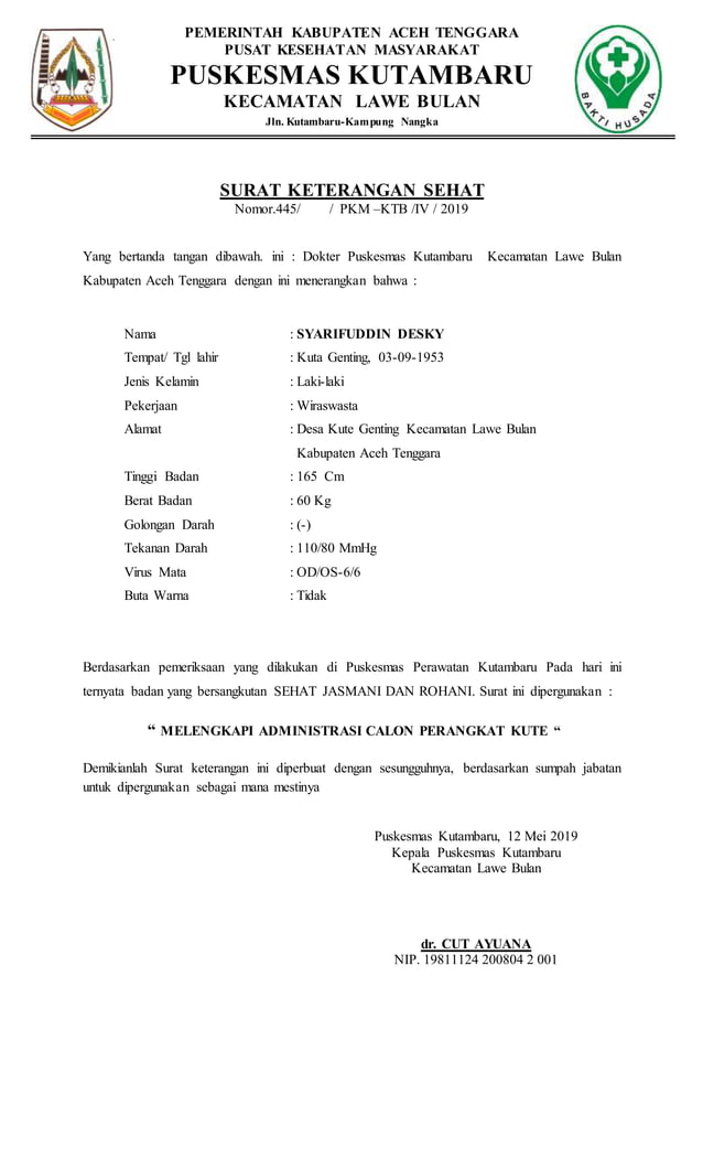 Surat keterangan sehat puskesmas kutambaru 2019 kpps | DOCX
