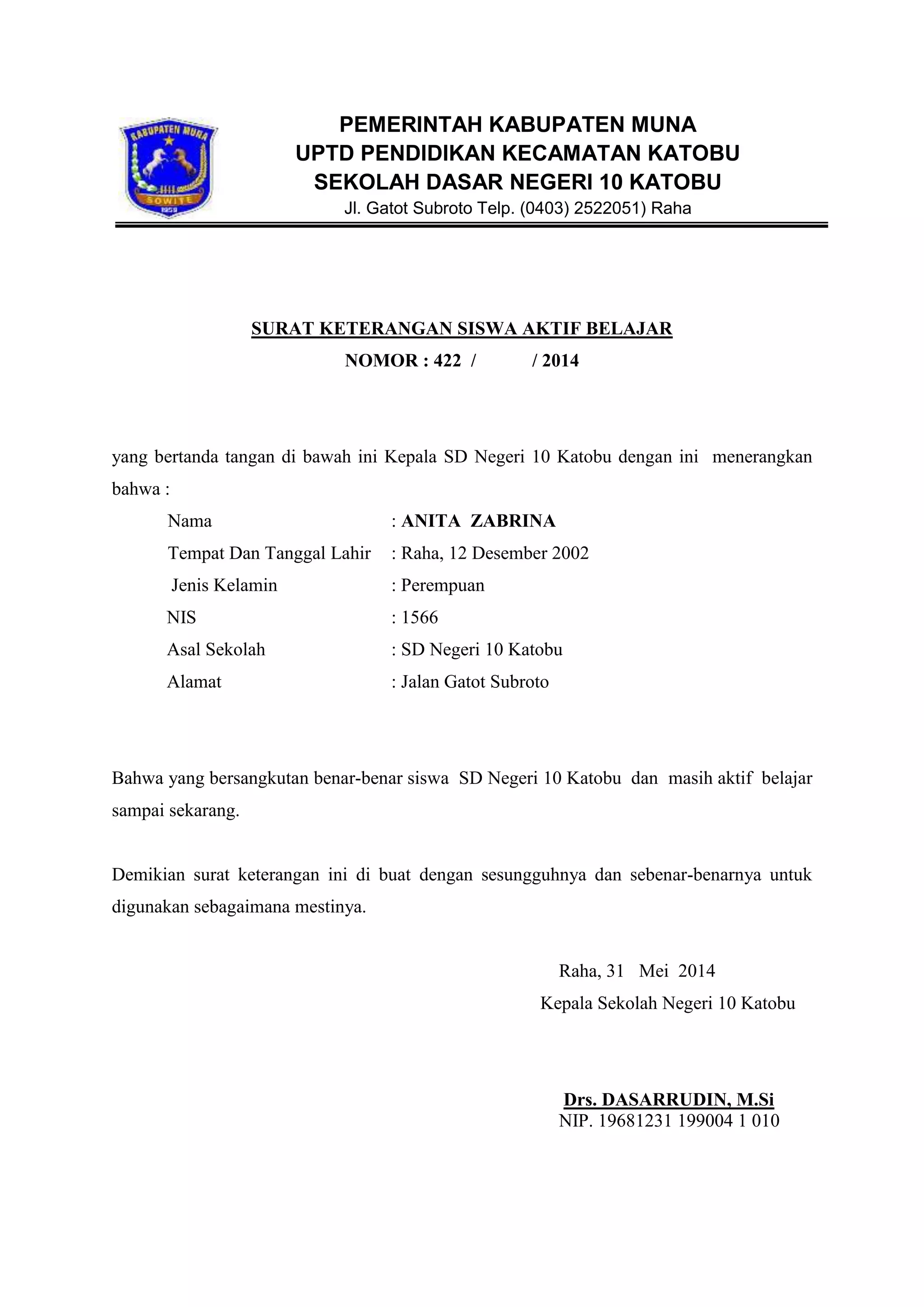 Surat keterangan siswa aktif belajar | DOCX