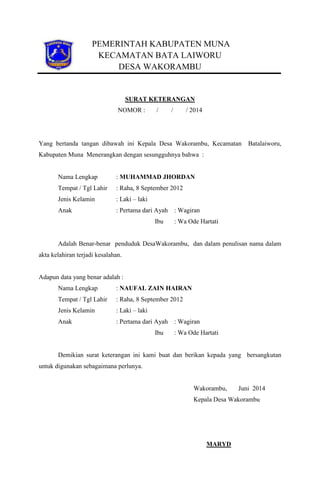 Surat keterangan untuk mendapatkan akta kelahiran | DOCX