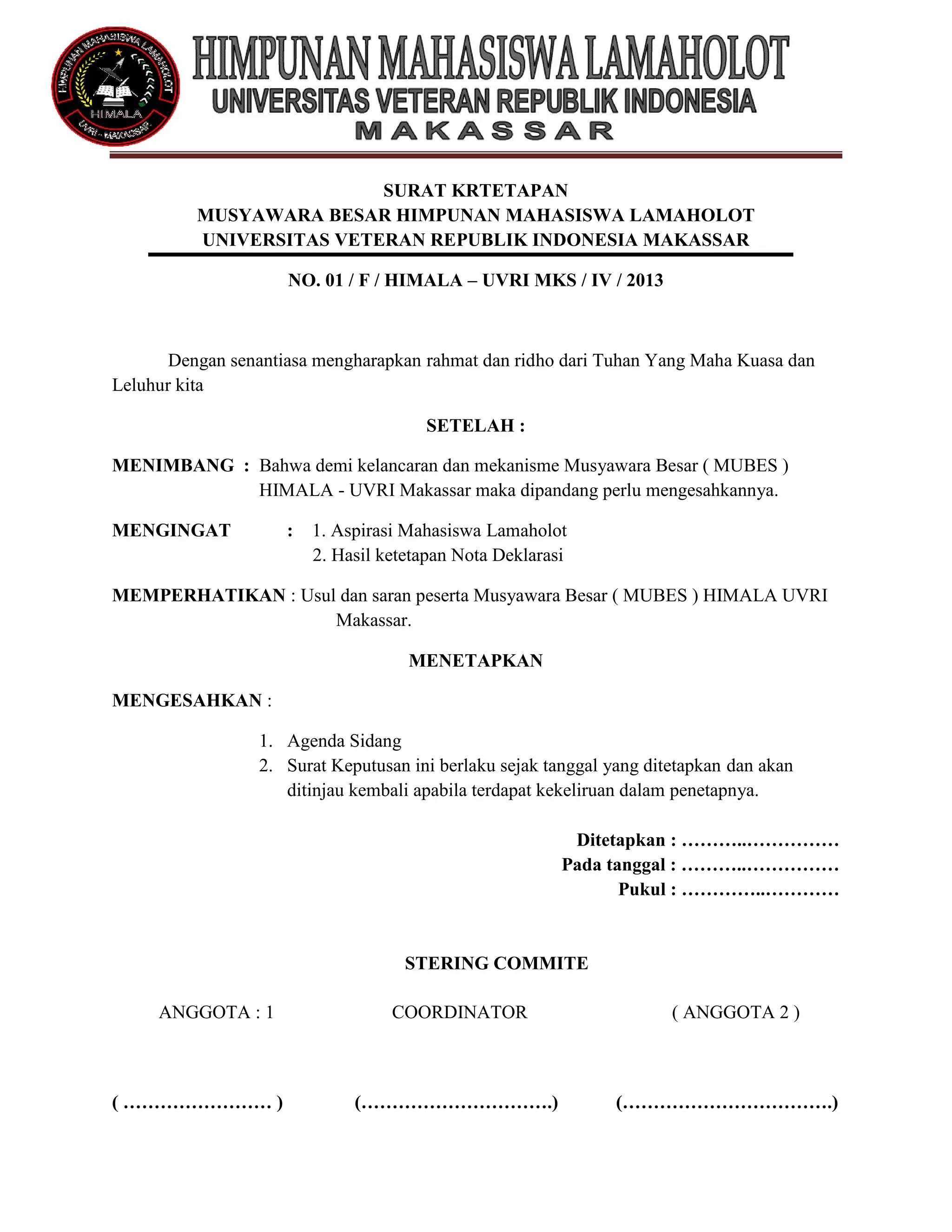 Surat Ketetapan HIMAL UVRI MAKASSAR | PDF