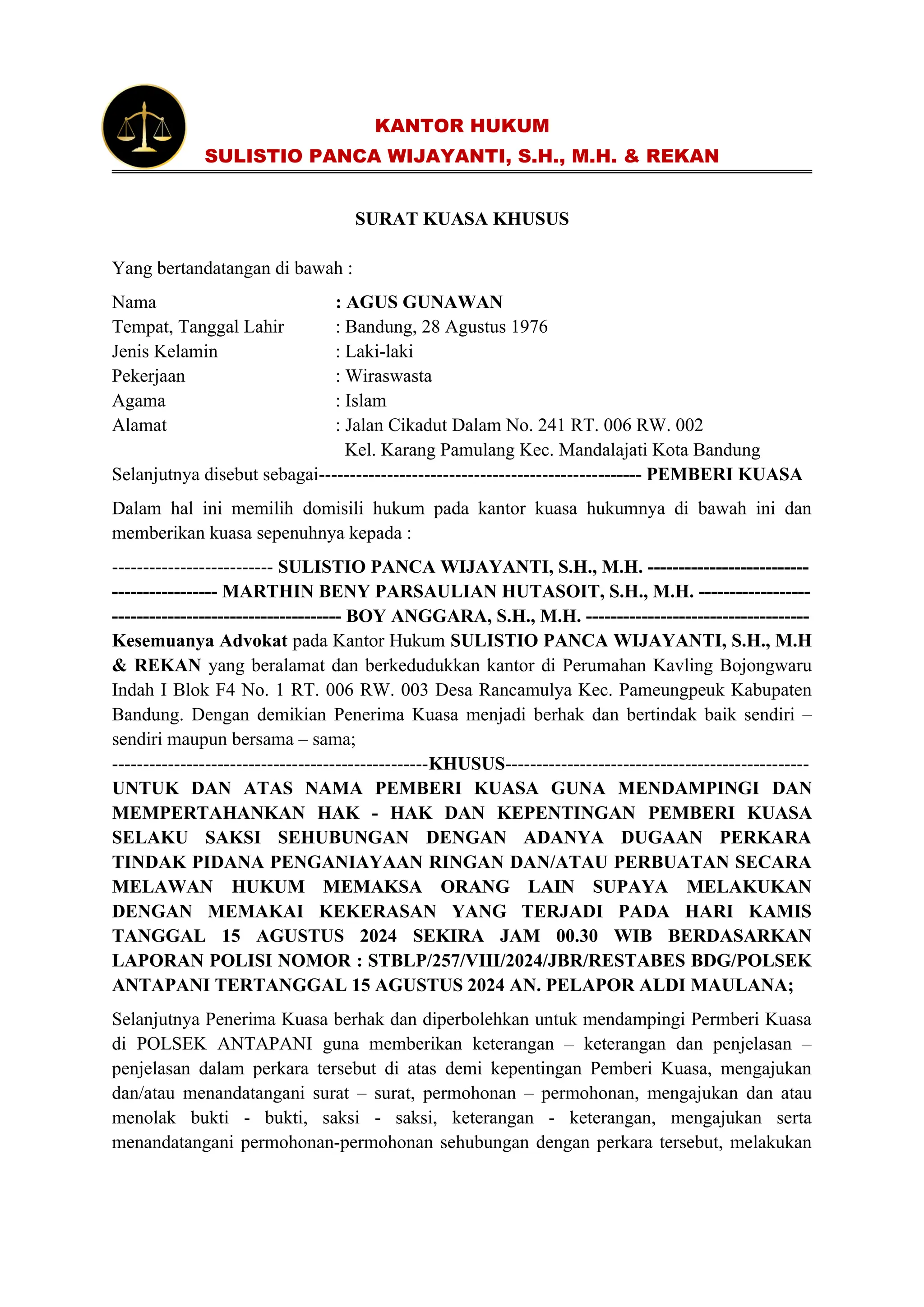 contoh surat kuasa untuk perjanjian akta notaris | DOCX