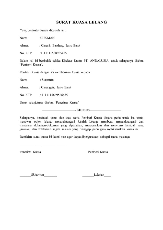 Surat kuasa lelang | DOCX