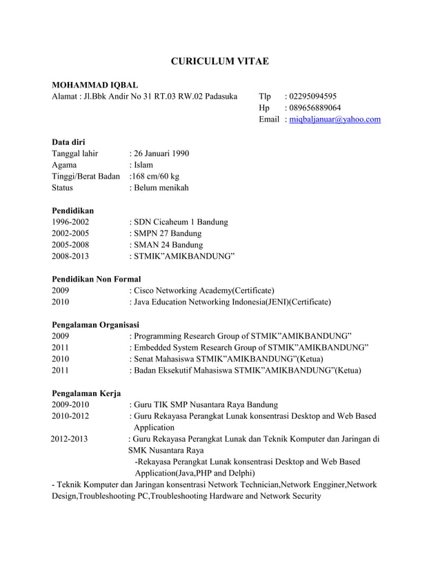 Surat lamaran dan cv mohammad iqbal | DOCX