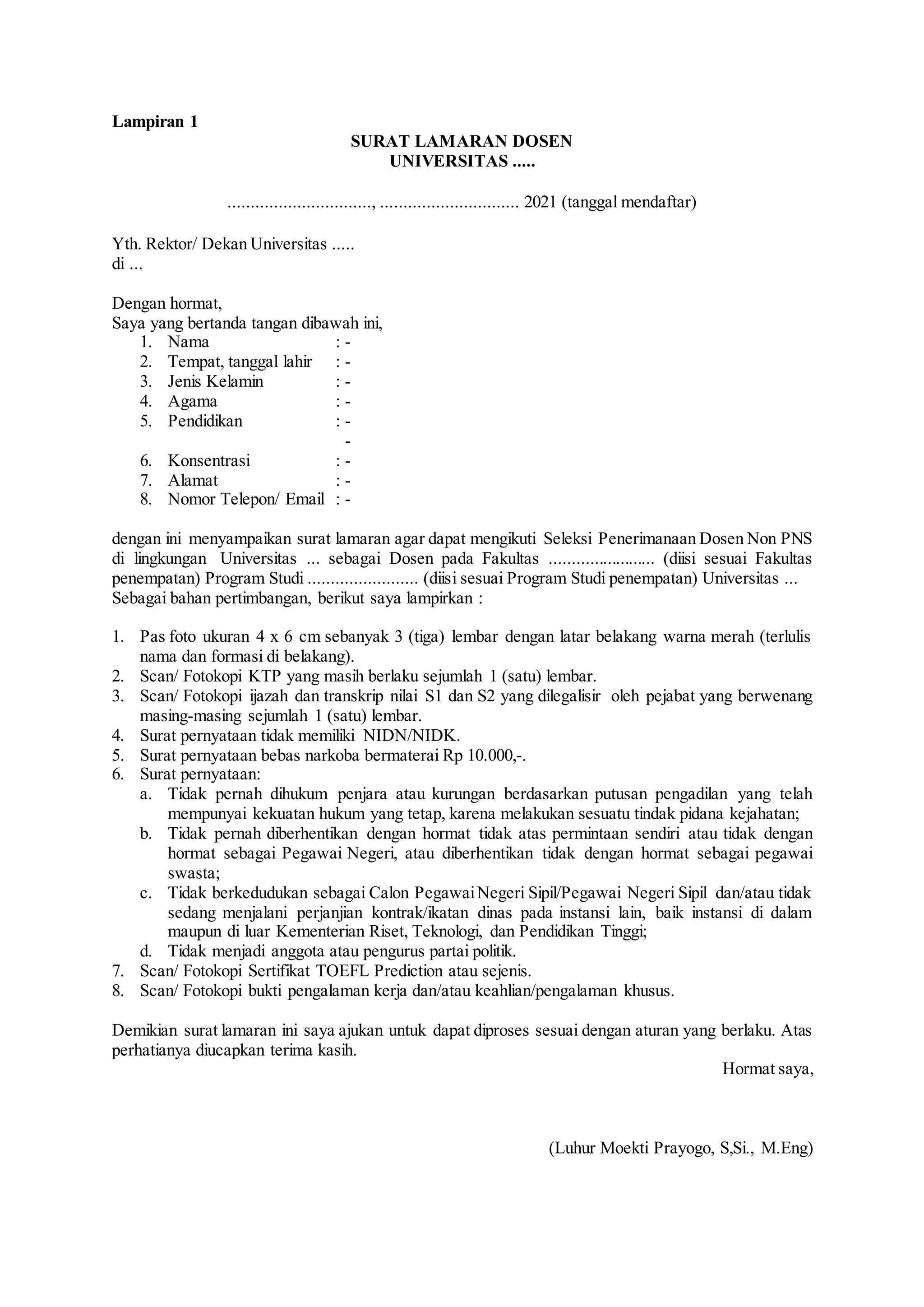 [CONTOH] - Surat Lamaran Dosen Lengkap (DOC/ Ms. Word) | DOCX