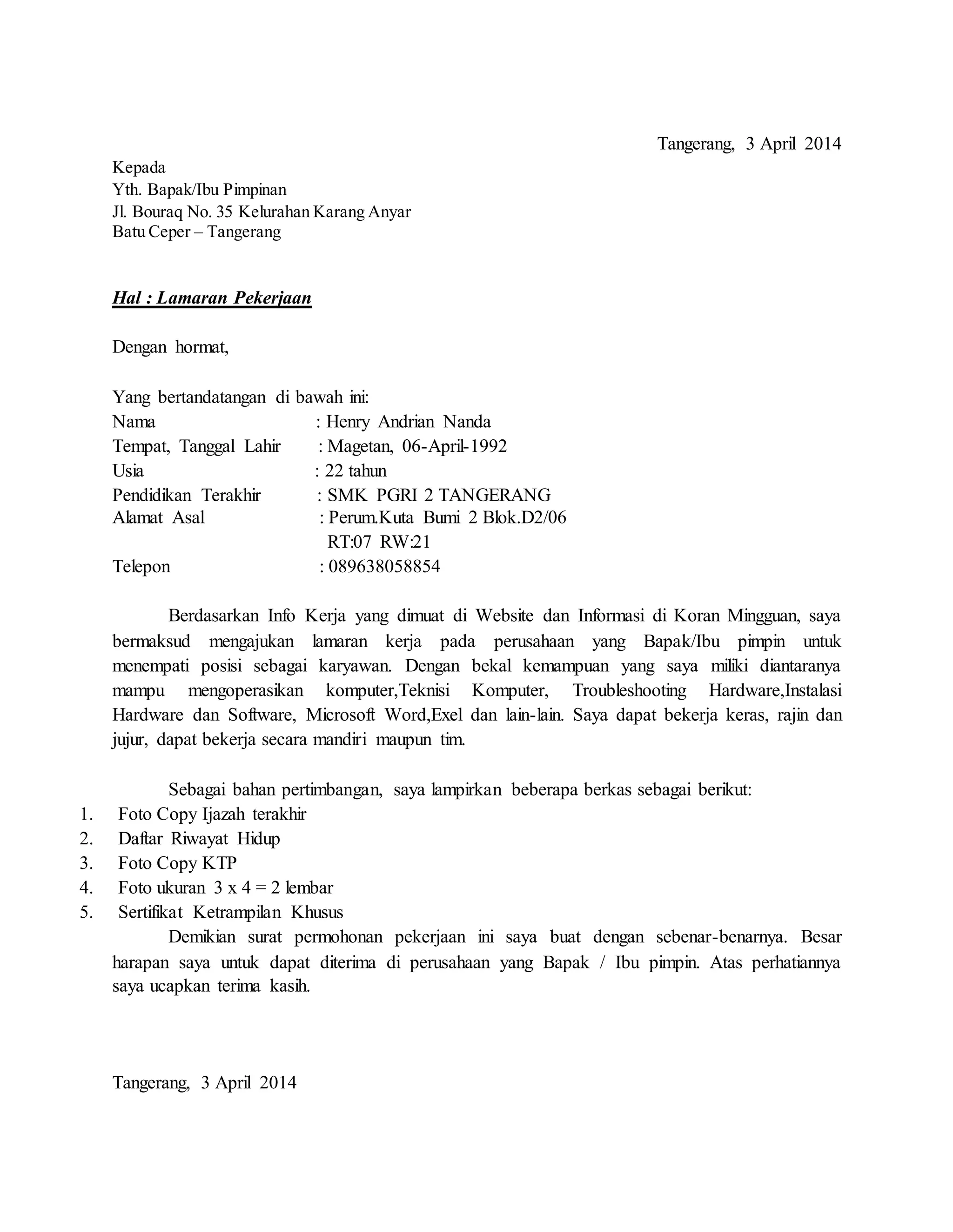 Surat lamaran henry | DOCX