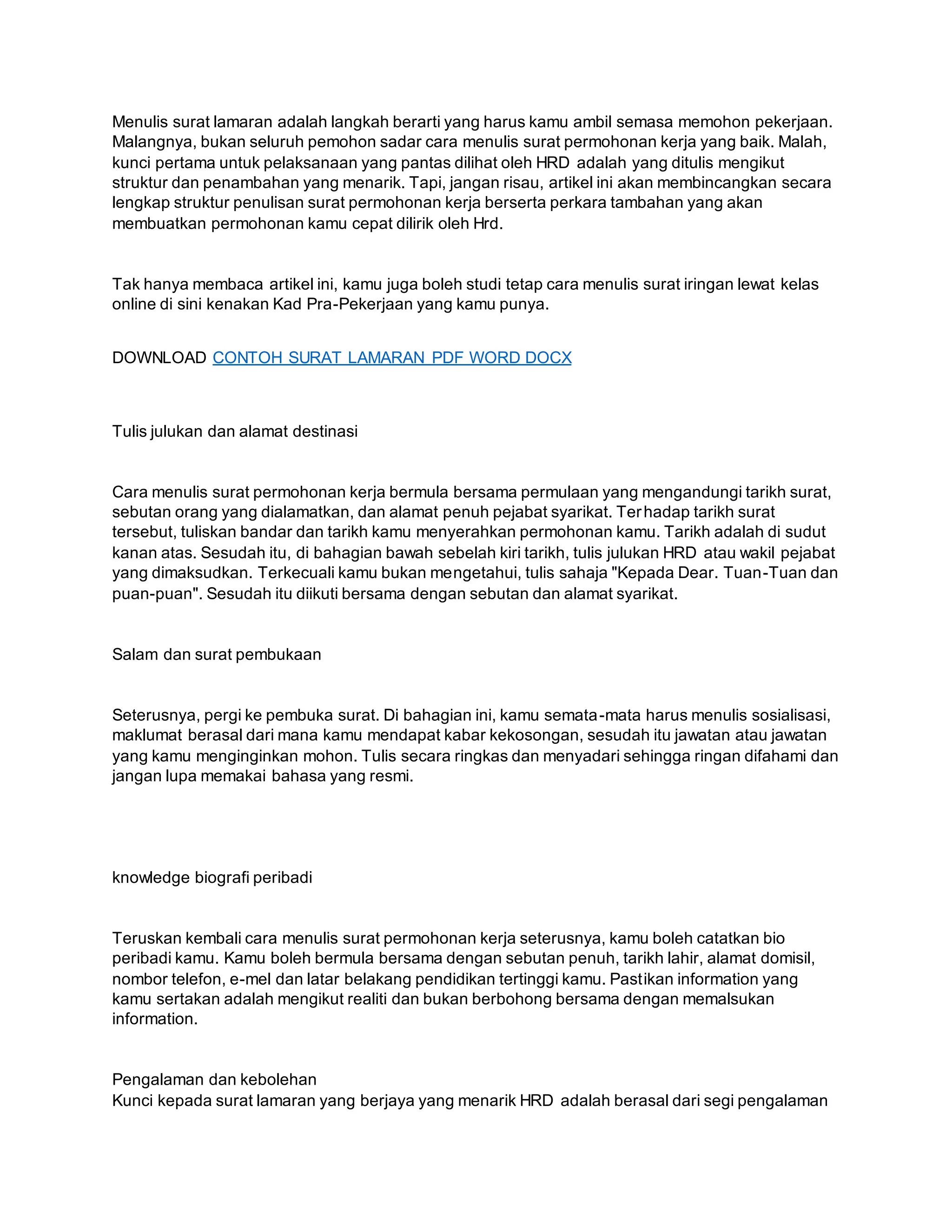 Contoh Surat Lamaran Kerja Format PDF WORD DOCX | DOCX