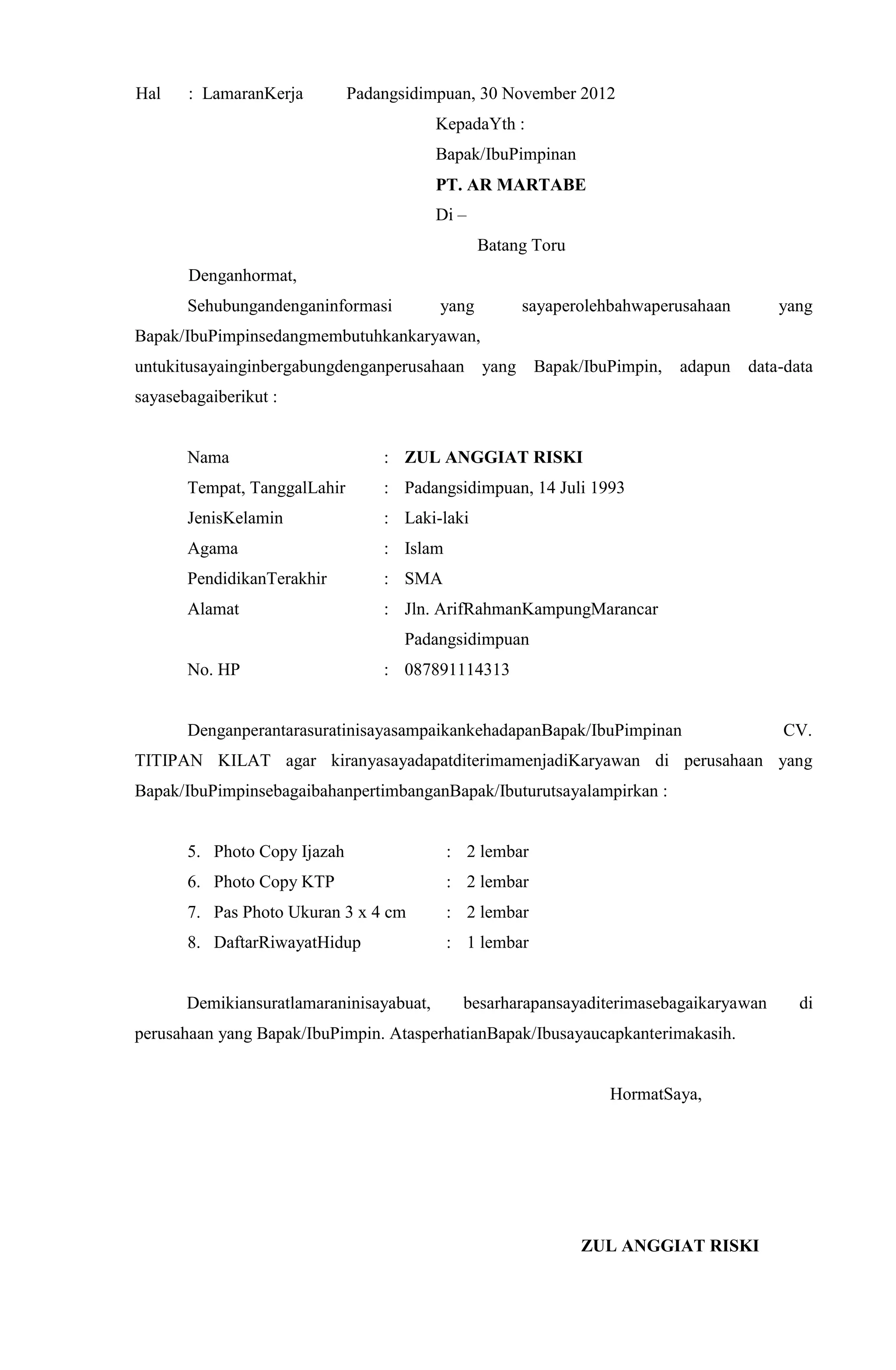 Surat lamaran kerja 23 | DOCX