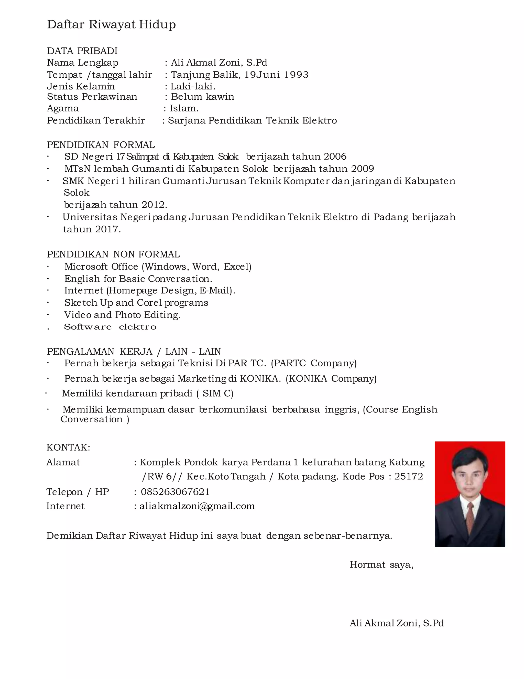 Surat lamaran pekerjaan ali akmal zoni | DOCX