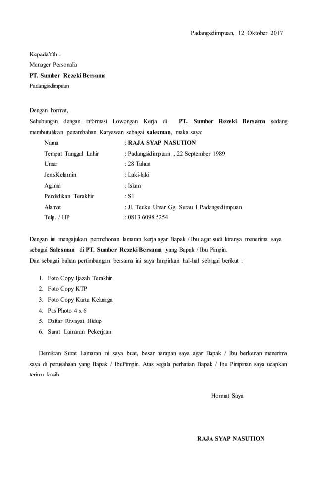 Surat lamaran raja syap nasution | DOCX