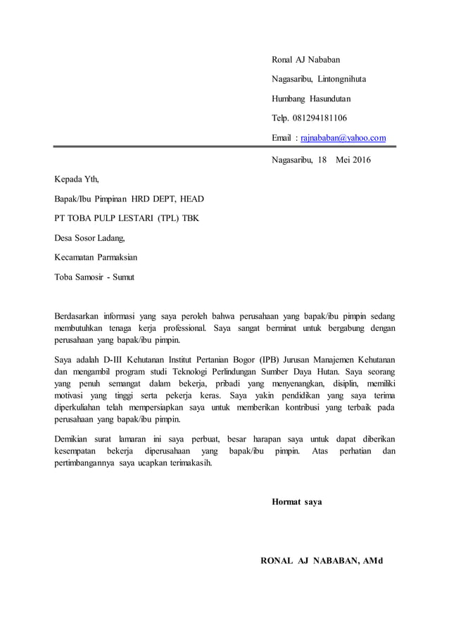 Surat lamaran ronal aj | DOCX