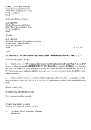 Surat Memohon Penangguhan Melapor Diri | DOCX
