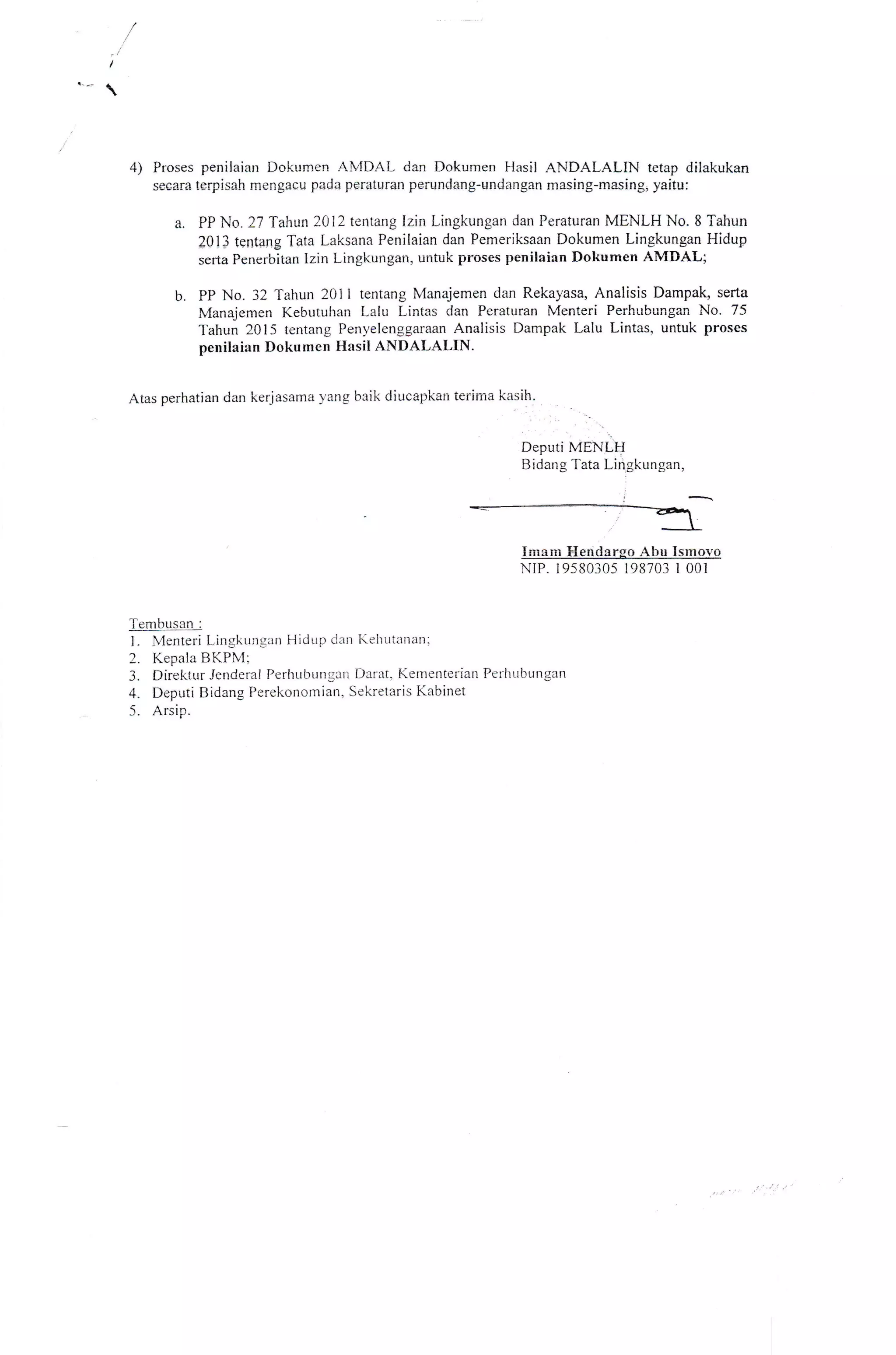 Surat Deputi Menteri LH bidang tata lingkungan tentang integrasi ...