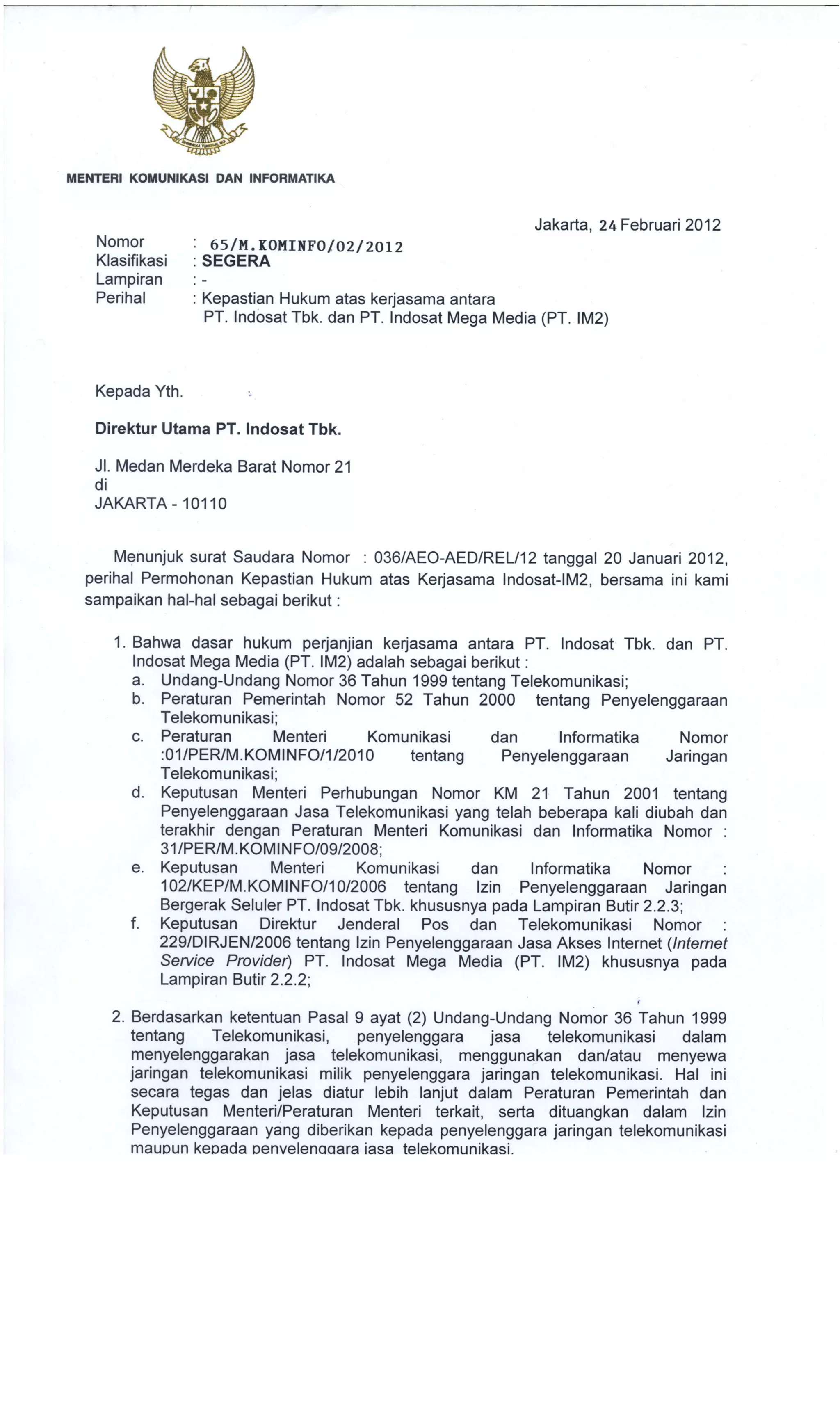 Surat menteri to indosat [kepastian hukum kasus im2] 24 feb 2012 | PDF