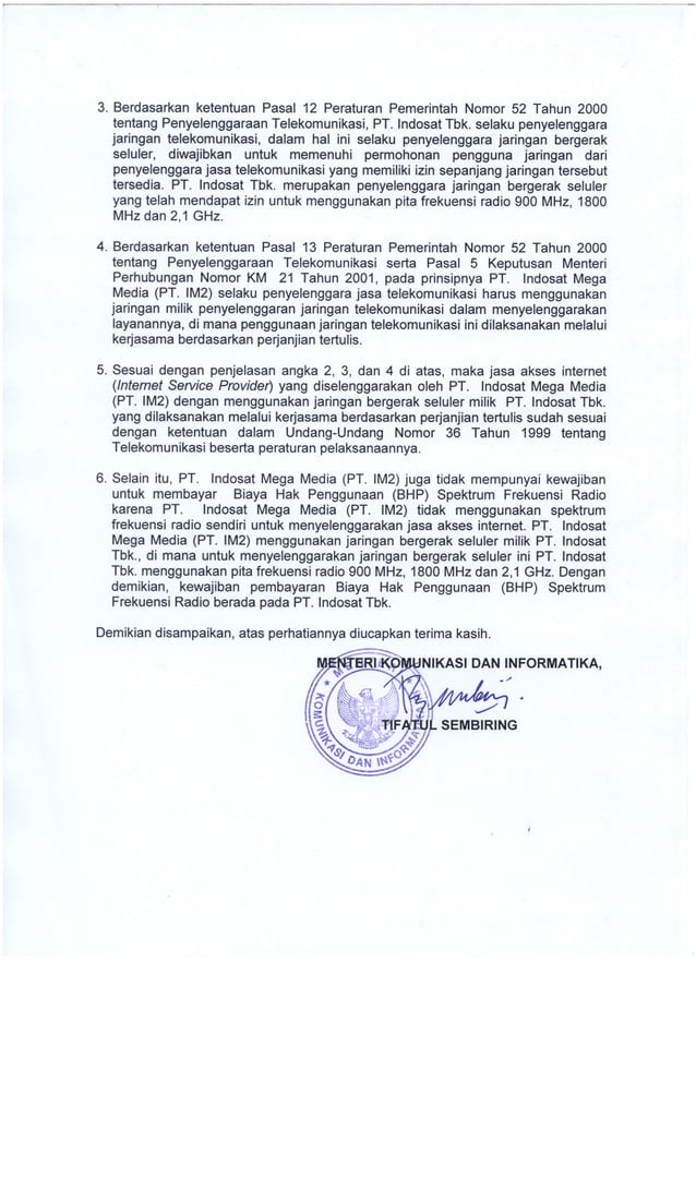 Surat menteri to indosat [kepastian hukum kasus im2] 24 feb 2012 | PDF