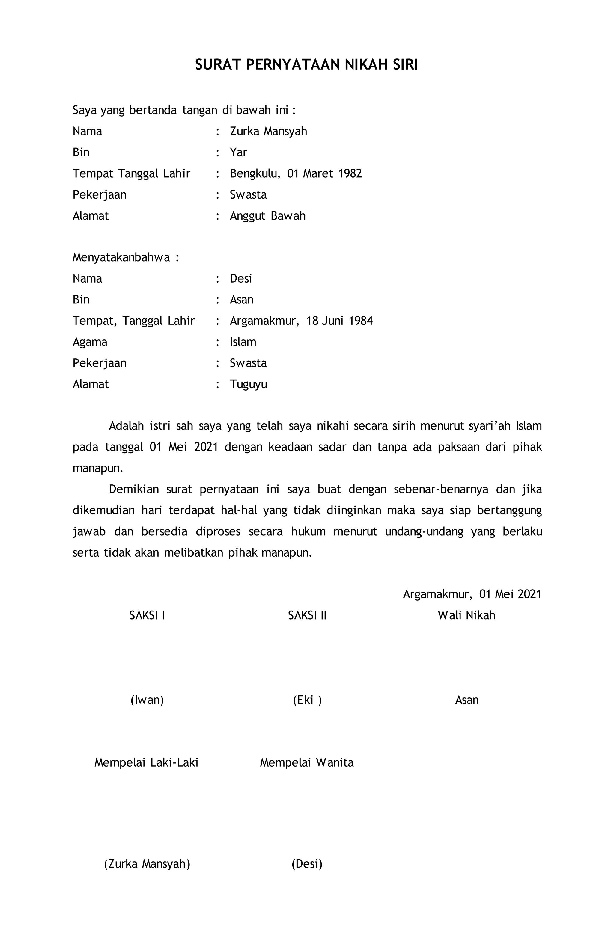 Surat nikah siri | DOCX