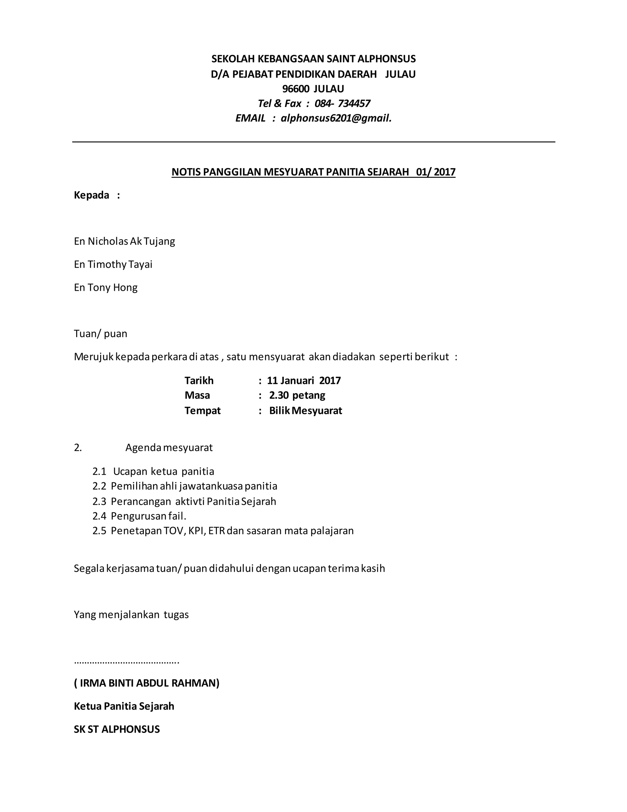 Surat notis mesyuarat sejarah | DOCX