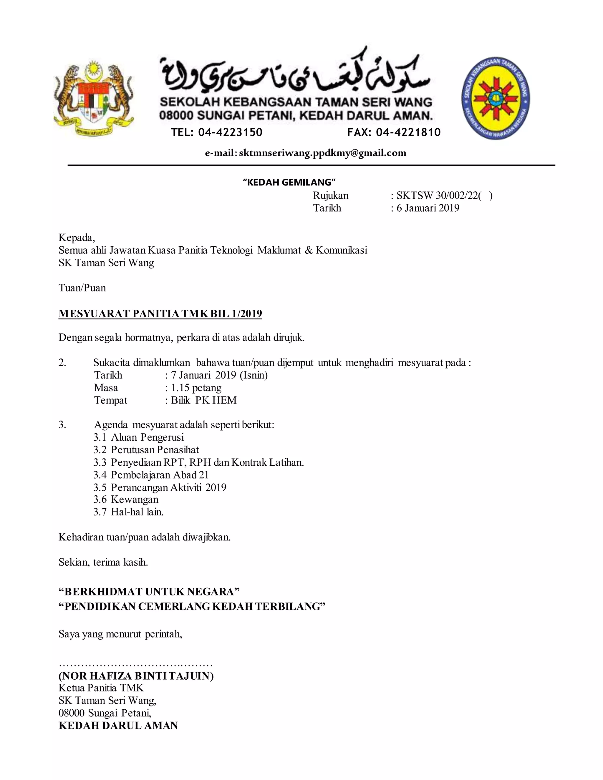 Surat panggilan mesyuarat bil 1 Panitia TMK | DOCX