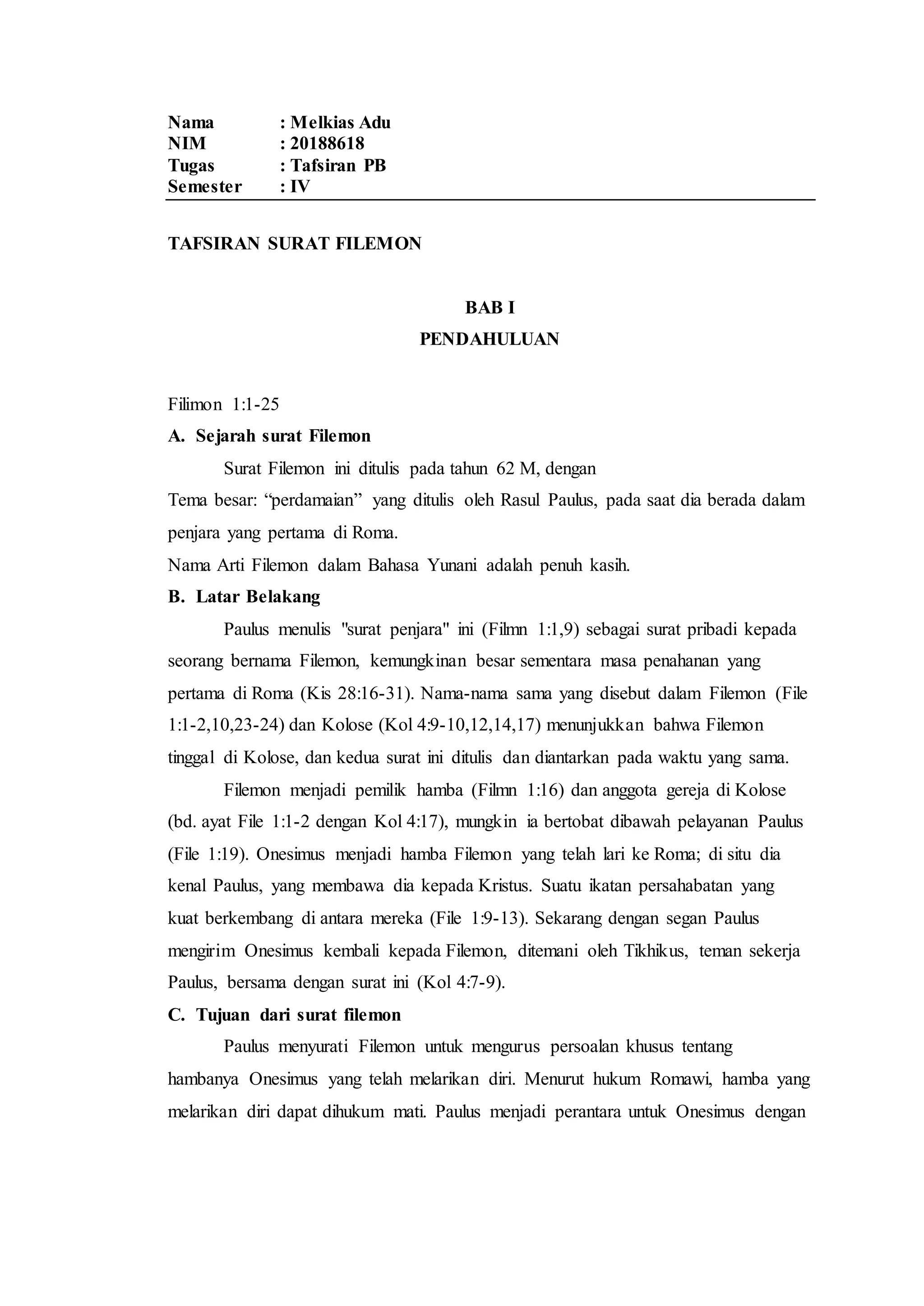 Tafsiran Surat Filemon | DOCX
