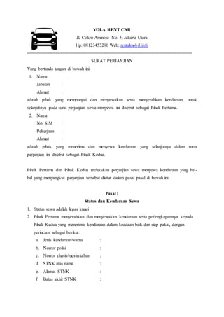 Surat pejanjian rental mobil lepas kunci | DOCX