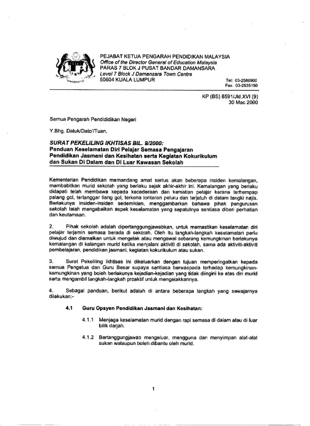 Surat Pekeliling Ikhtisas Bil 1 2000 Panduan Keselamatan PJK Serta ...