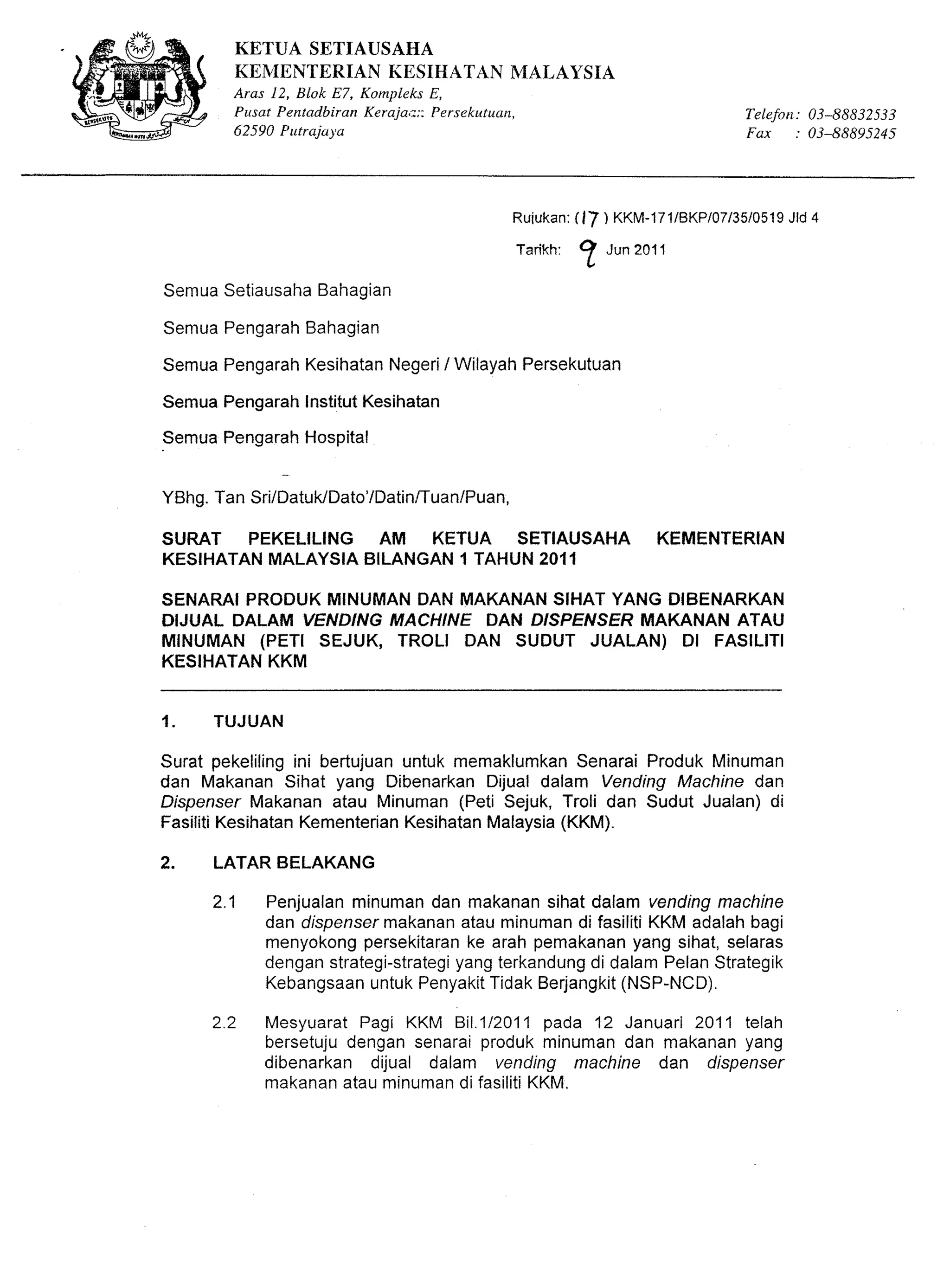 Surat pekeliling ksu 1 2011 vending machine fasiliti kkm | PDF