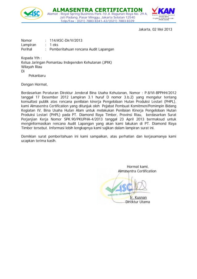 Pemberitahuan Audit PHPL PT. Diamond Raya Timber | PDF
