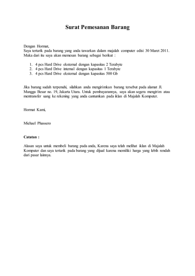 Surat pemesanan barang | DOCX