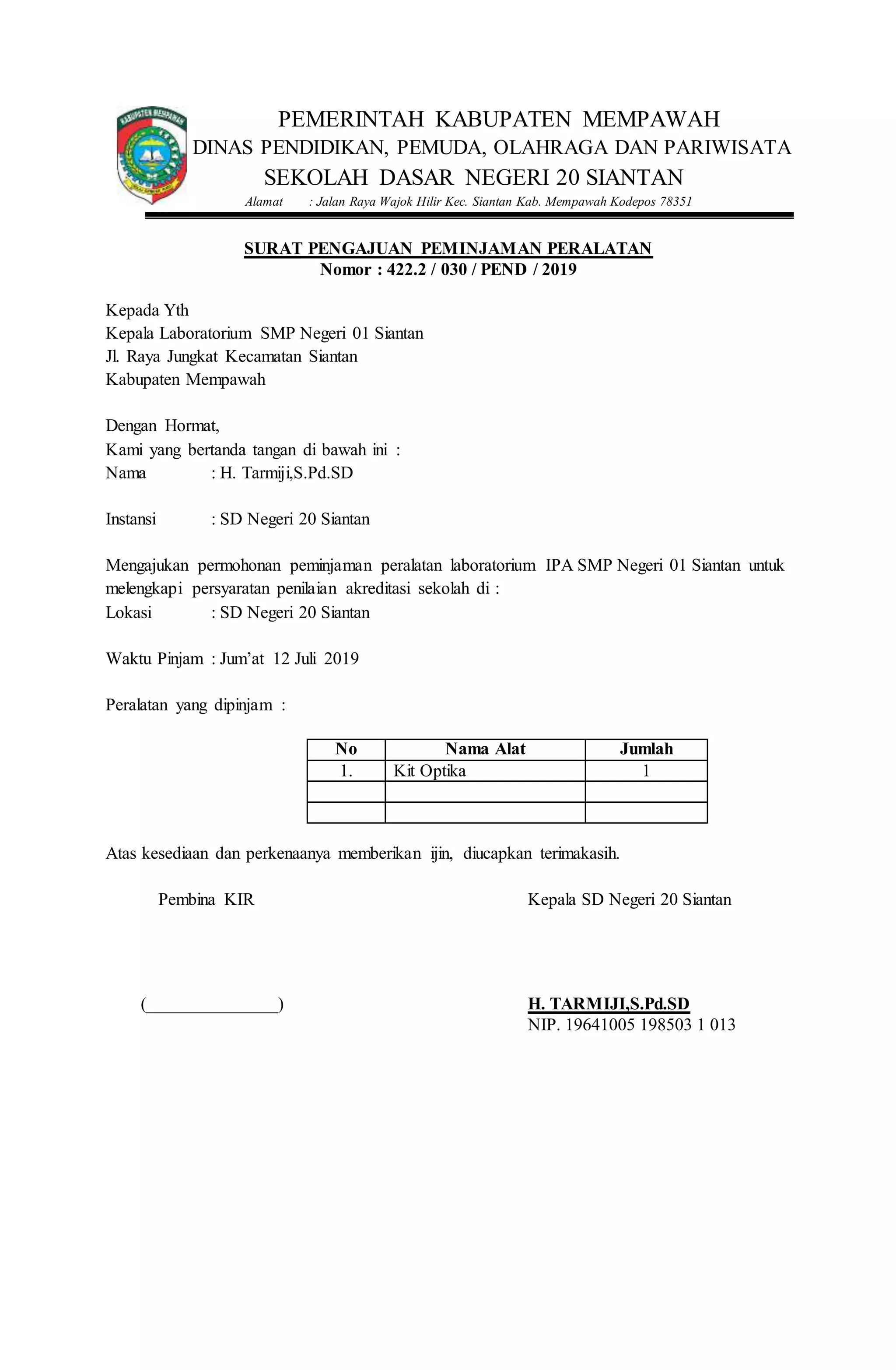 Surat peminjaman peralatan | DOCX