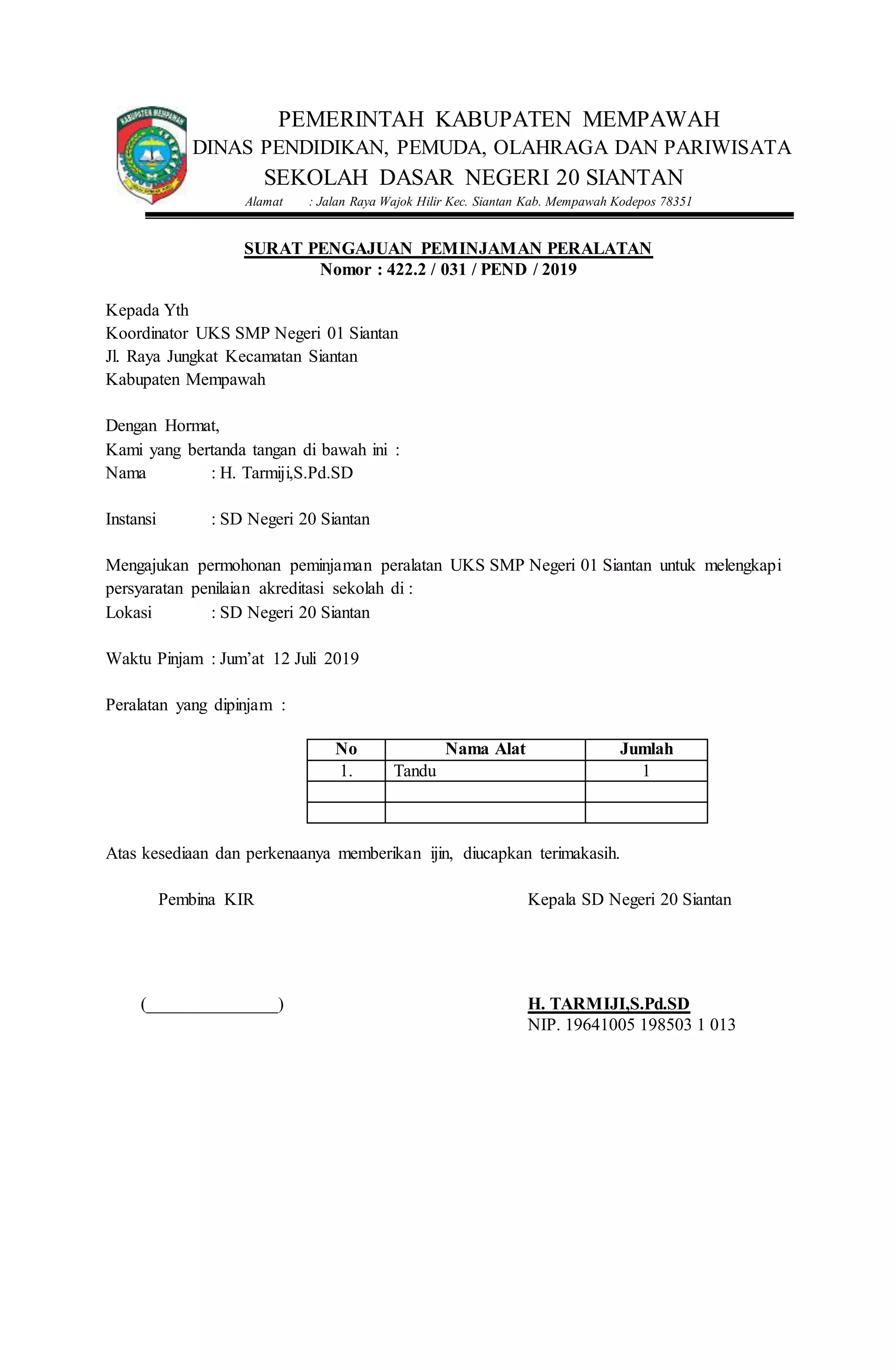 Surat peminjaman peralatan | DOCX