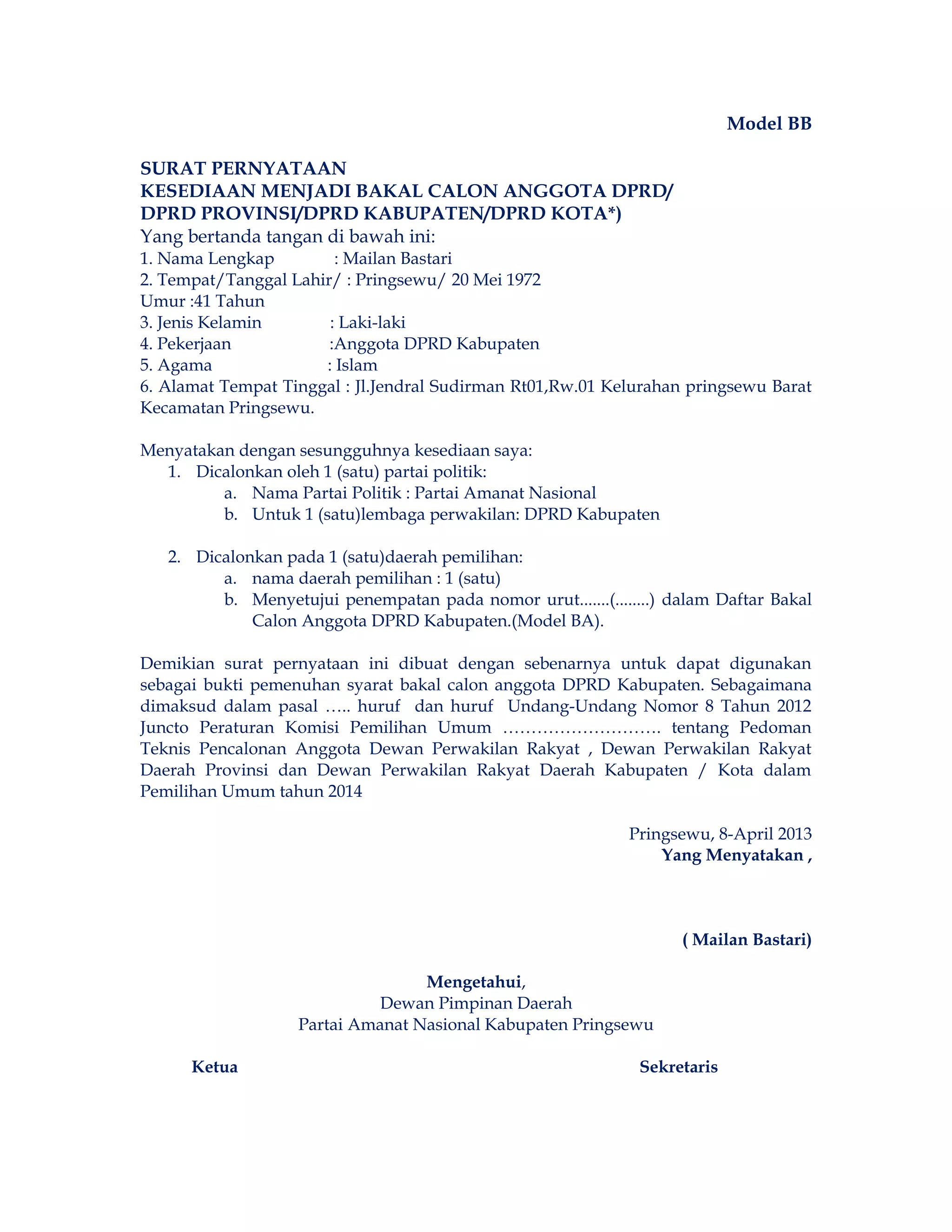 Surat pencalonan anggota dprd mailan | DOC