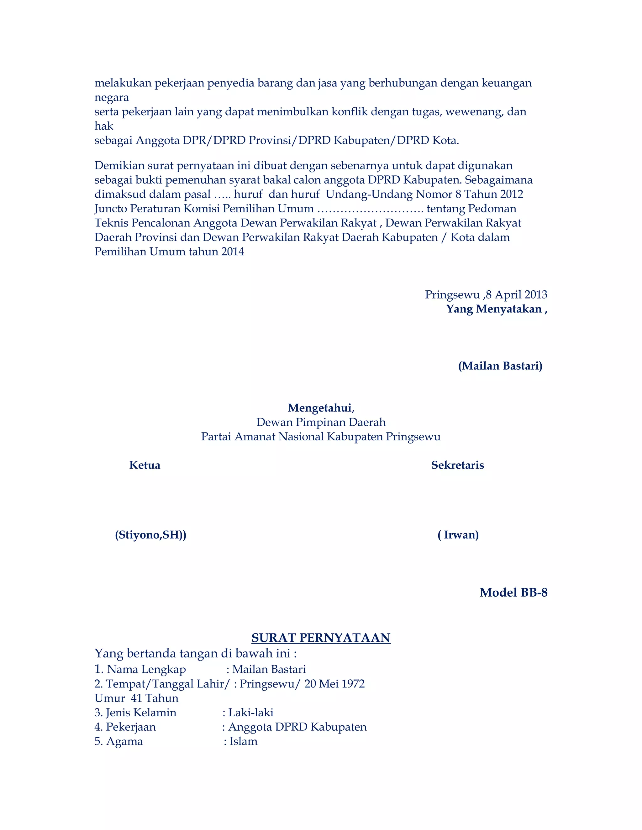 Surat pencalonan anggota dprd mailan | DOC