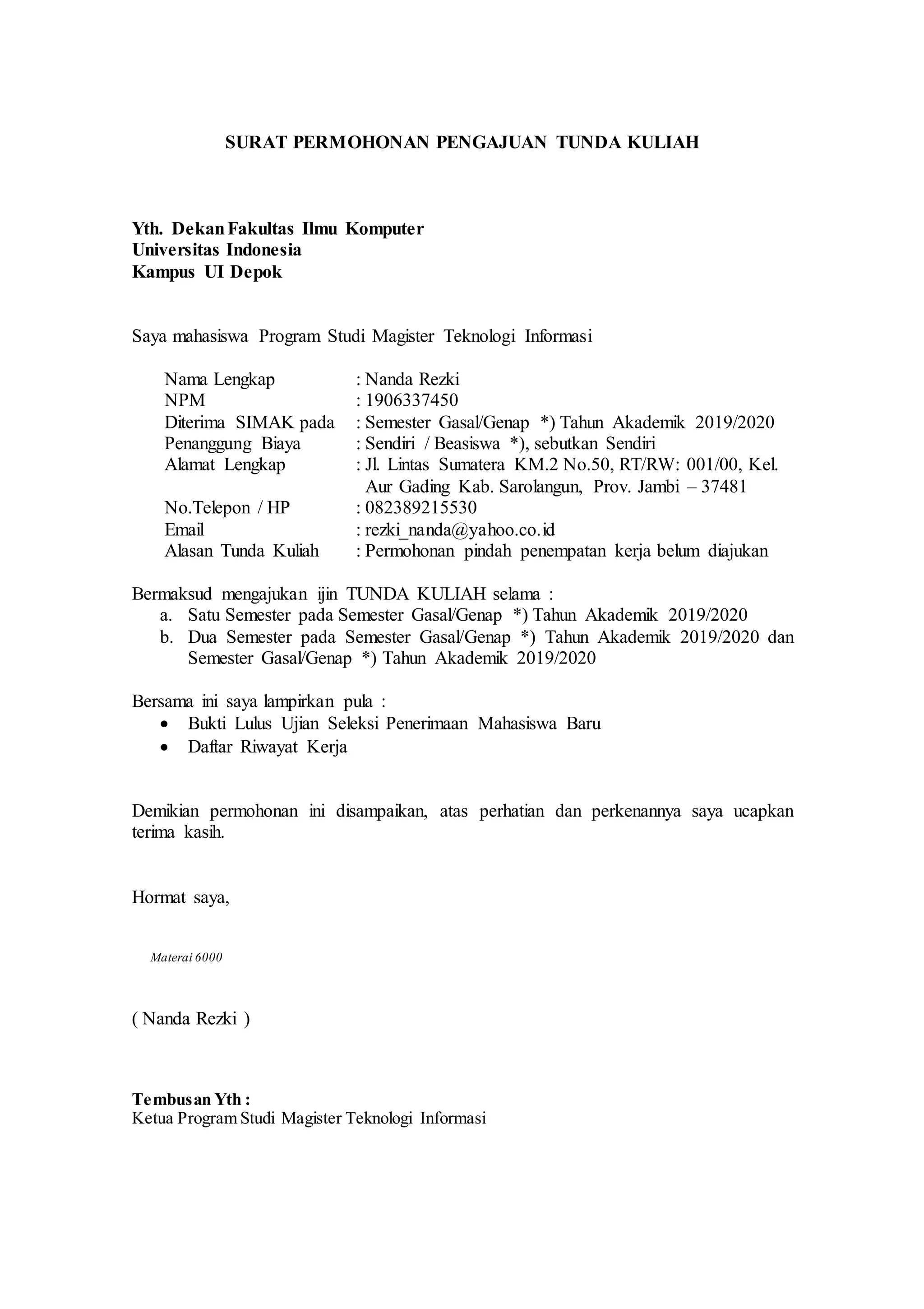 Surat pengajuan tunda kuliah (mhs) | DOCX