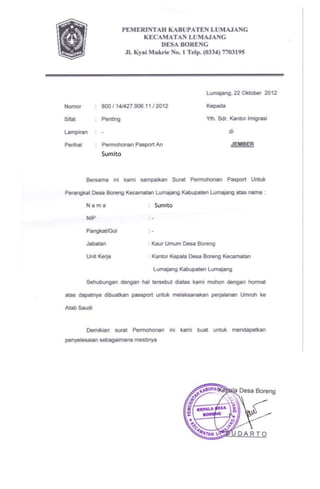 Surat pengantar pembuatan paspor dari kelurahan setempat | DOCX
