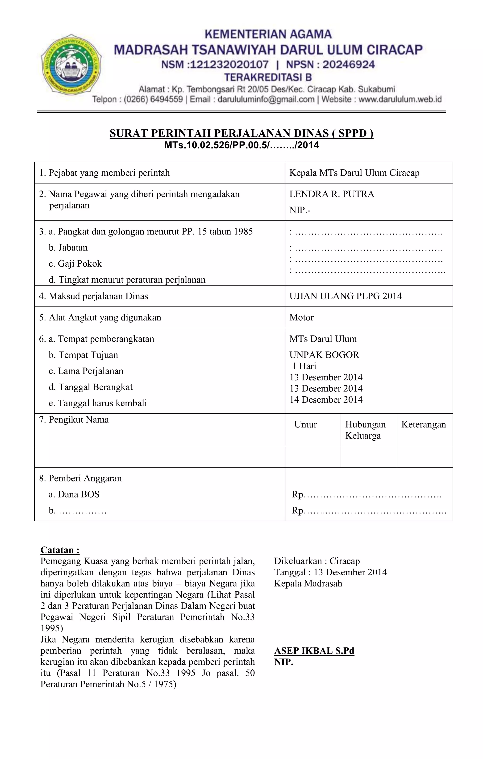 Surat perintah perjalanan dina | DOCX