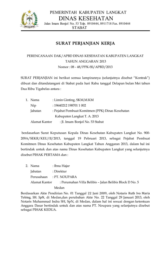 Surat perjanjian kerja apbd dinkes lkt | DOCX